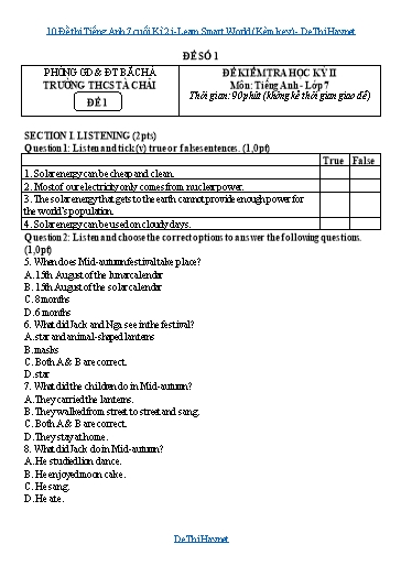 10 Đề thi Tiếng Anh 7 cuối Kì 2 i-Learn Smart World (Kèm key)