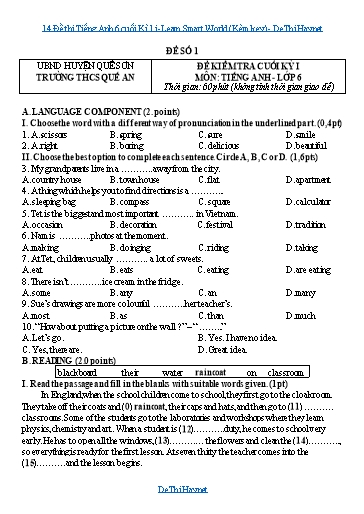 14 Đề thi Tiếng Anh 6 cuối Kì 1 i-Learn Smart World (Kèm key)