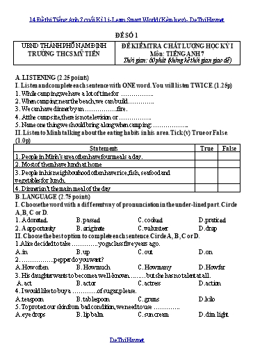 14 Đề thi Tiếng Anh 7 cuối Kì 1 i-Learn Smart World (Kèm key)