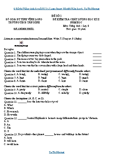 9 Đề thi Tiếng Anh 8 cuối Kì 2 i-Learn Smart World (Kèm key)